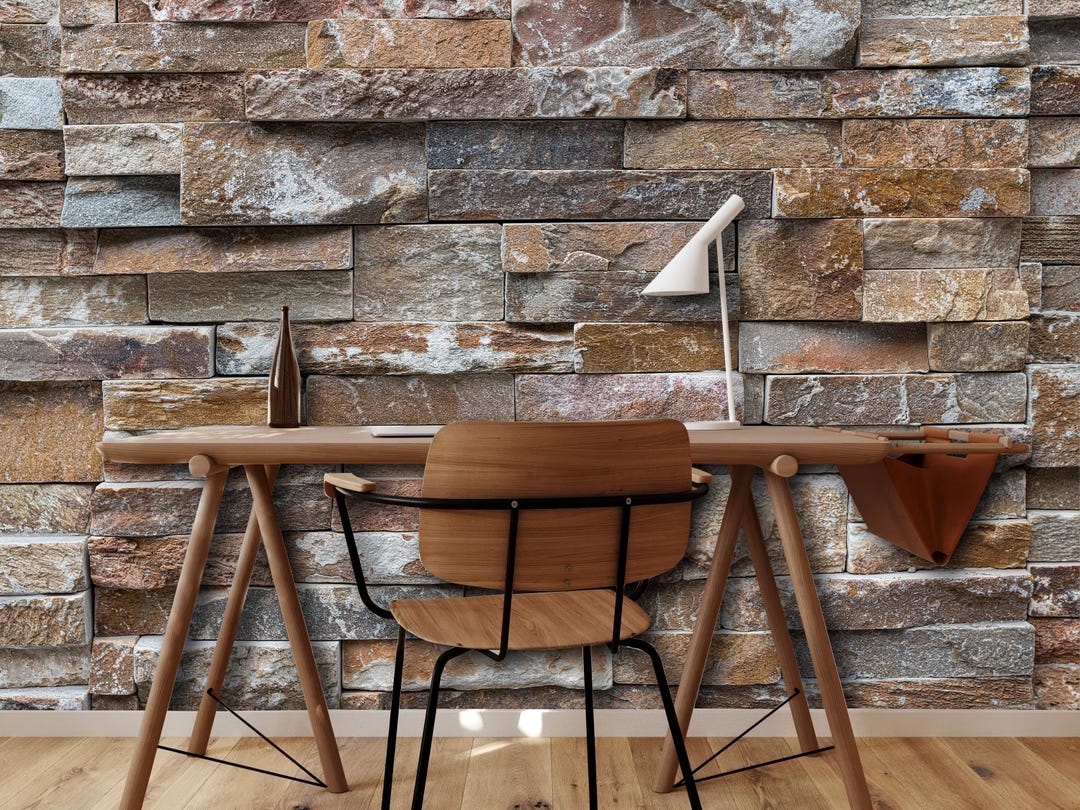 Realistic Faux Stone Wallpaper, Rustic Stacked Slate Wall Mural ...