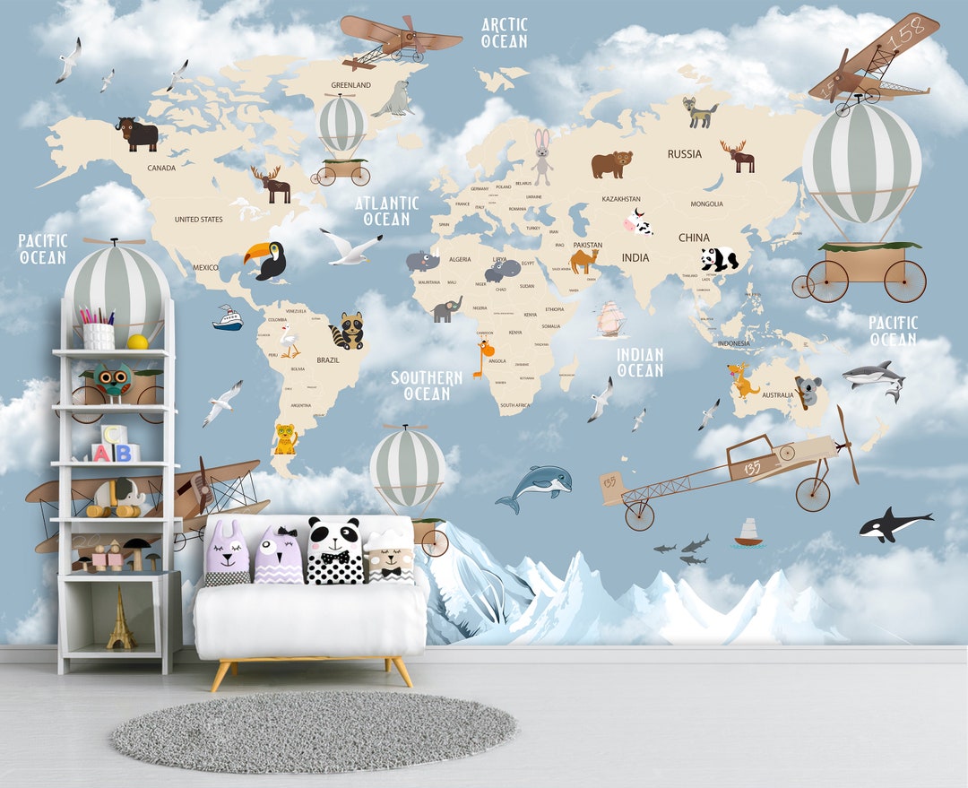 Wallpaper Childrens World Blue Map - Etsy
