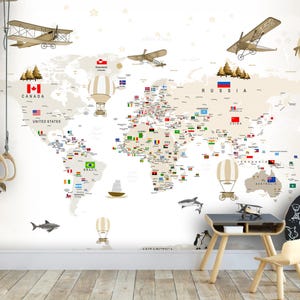 World Map and Flags Wallpaper for Children - Etsy