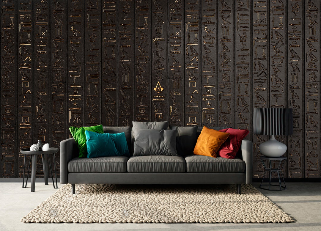 3D Wallpaper Egyptian Hieroglyphs Yellow on Dark Stone Peel - Etsy