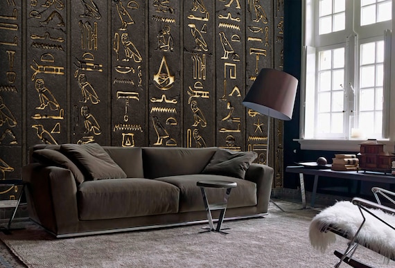 3D Wallpaper Big Gold Egyptian Hieroglyphs on Brown Wall Art - Etsy