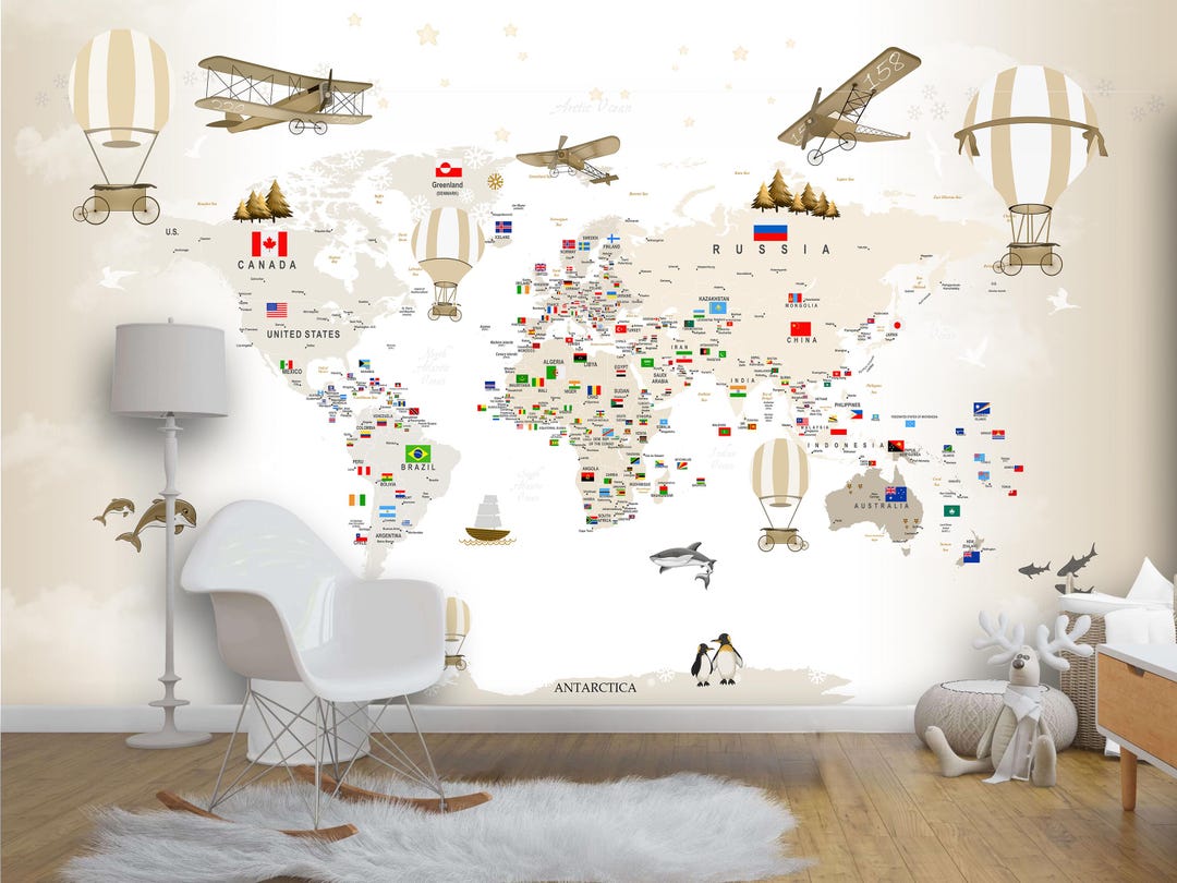 World Map and Flags Wallpaper for Children - Etsy