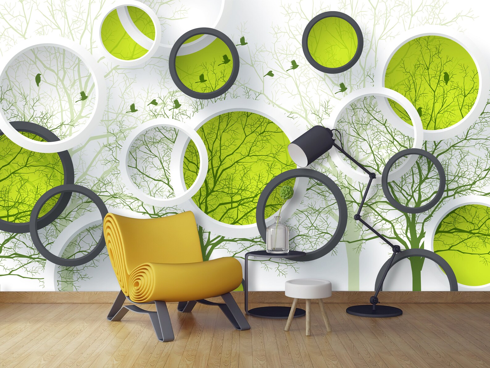 Collage Flock of Birds Trees Rings Abstract Wallpaper Peel - Etsy