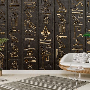 3D Wallpaper Big Gold Egyptian Hieroglyphs on Brown Wall Peel and Stick ...
