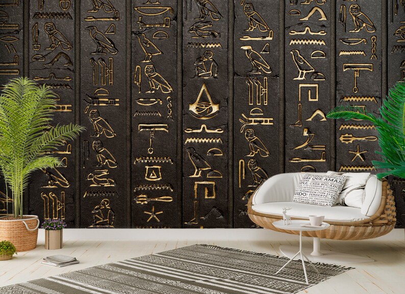 3D Wallpaper Big Gold Egyptian Hieroglyphs on Brown Wall Art - Etsy