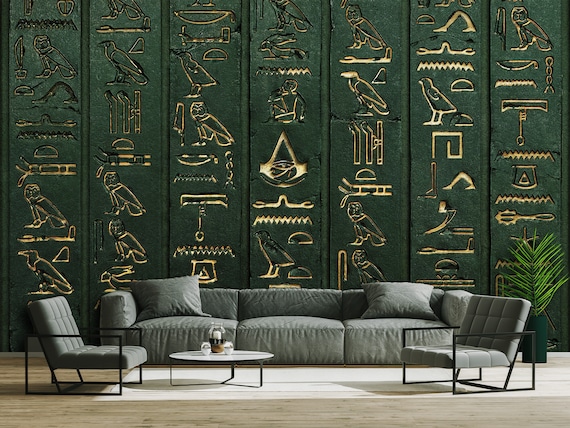 3D Wallpaper Big Gold Egyptian Hieroglyphs on Old Emerald Wall | Etsy