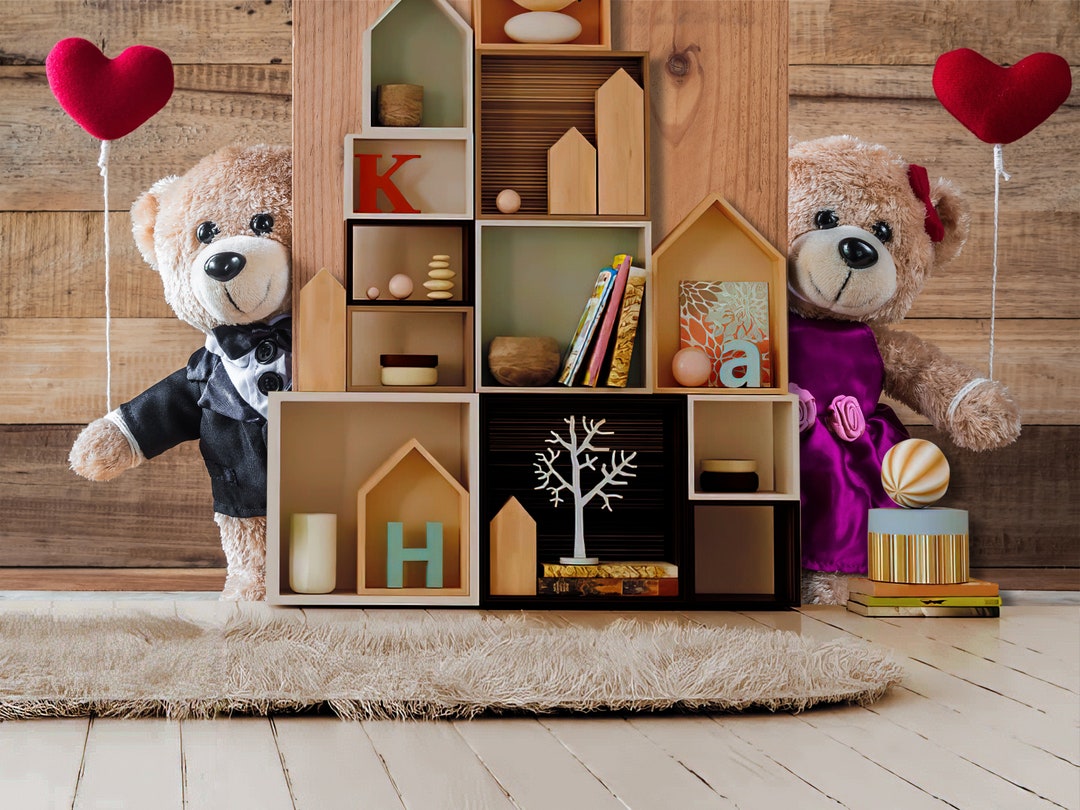 Сute Teddy Bears With Hearts Mural Wallpaper - Etsy