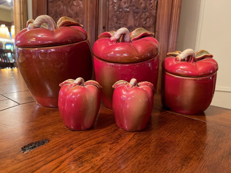 Vintage Ceramic Apple Canister Set of 3 With Matching Salt and - Etsy