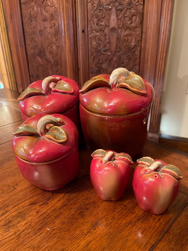 Vintage Ceramic Apple Canister Set of 3 With Matching Salt and - Etsy