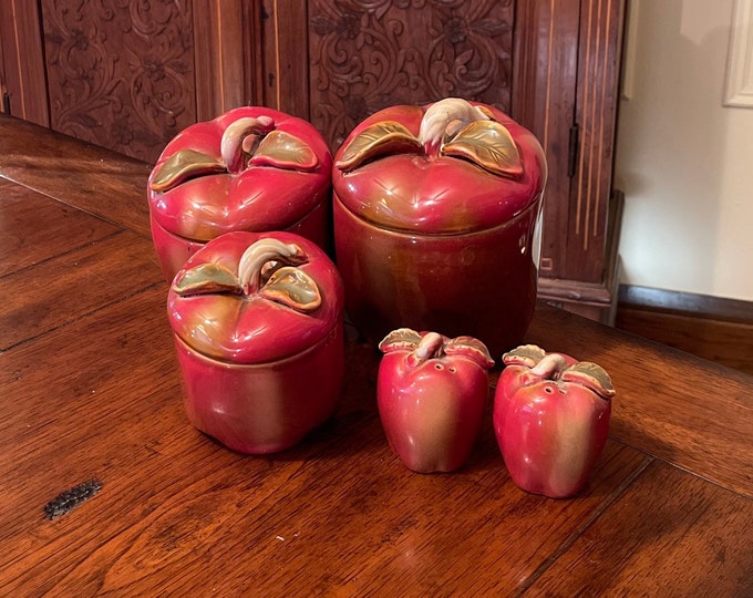 Vintage Ceramic Apple Canister Set of 3 With Matching Salt and Pepper ...