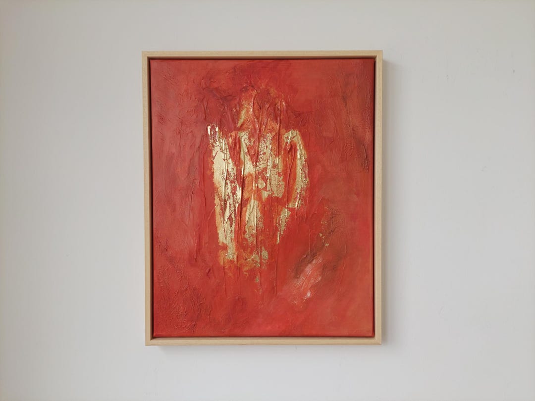 Textured Red & Gold Leaf Painting - Framed Abstract Art (42.5x52.5cm ...