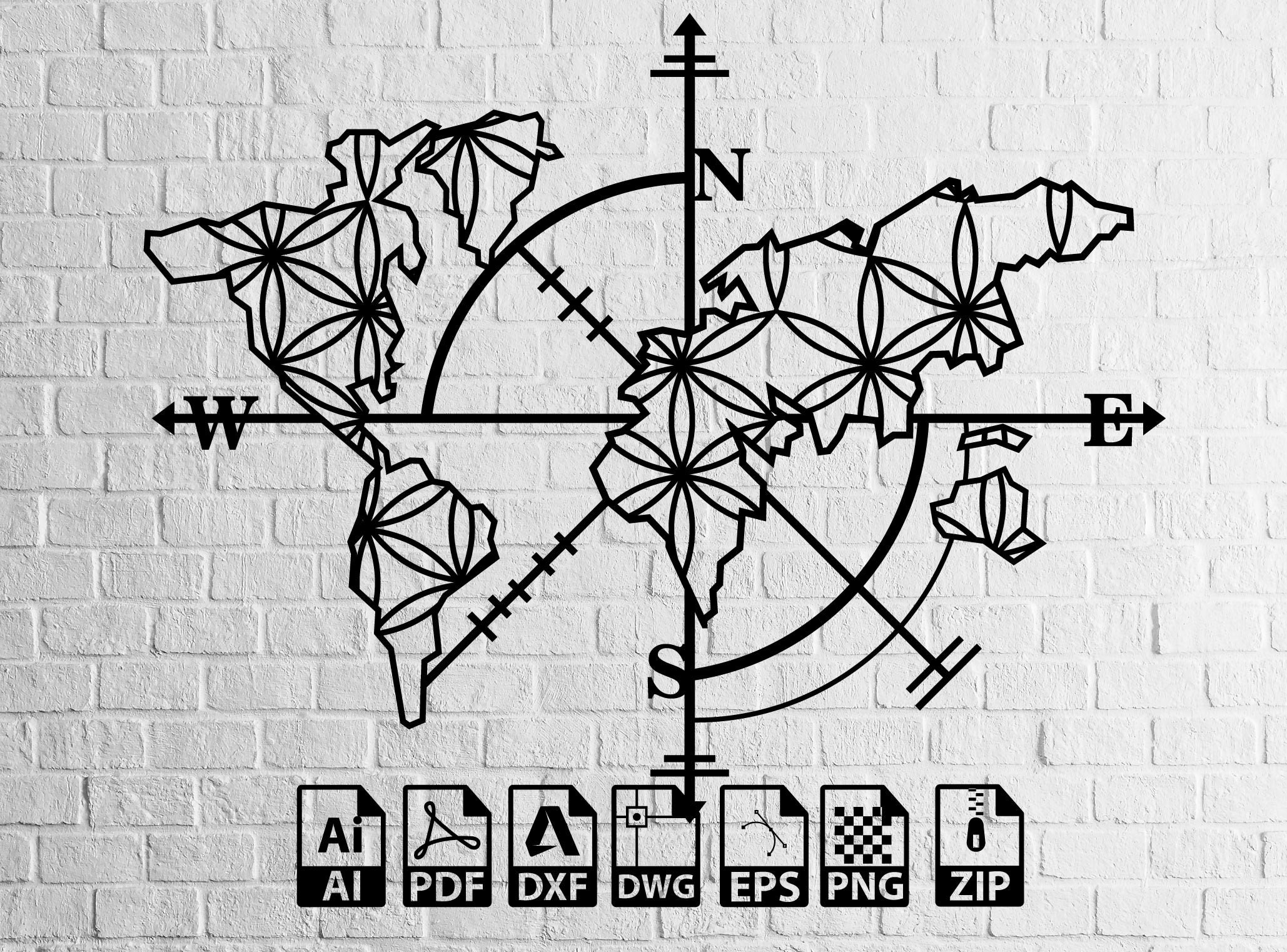 World Map Compass Decor Decor Laser Cut Svg Dxf CNC | Etsy