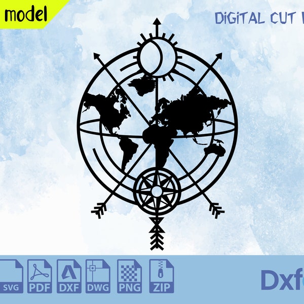 World Map With Compass Dxf - Etsy