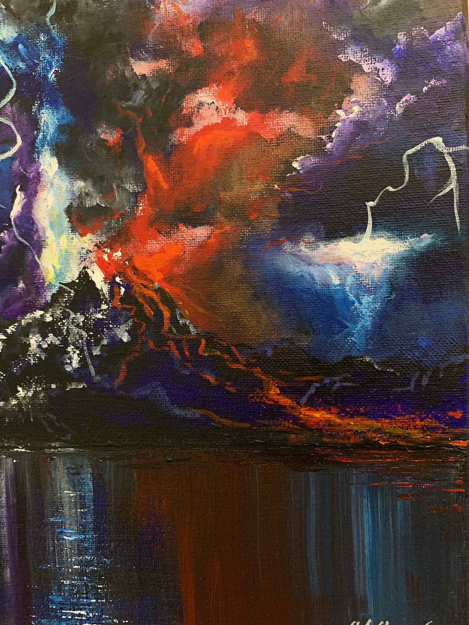 Island Volcano Eruption Night Painting Lightning Storm Original Oil ...