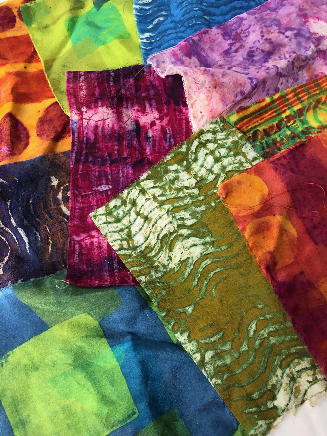 20 Hand-printed Silk Test Fabrics, 4x6 to 7x7 Inches, Shimmery Collage ...