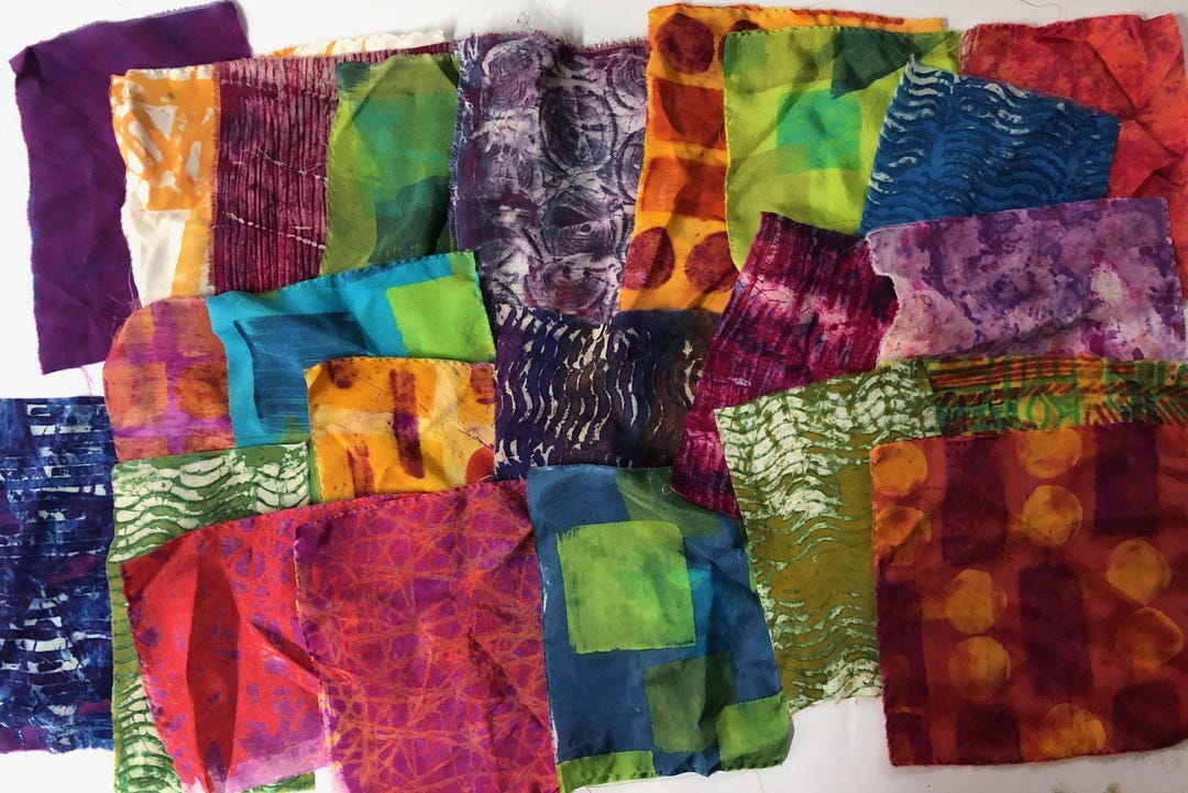 20 Hand-printed Silk Test Fabrics, 4x6 to 7x7 Inches, Shimmery Collage ...