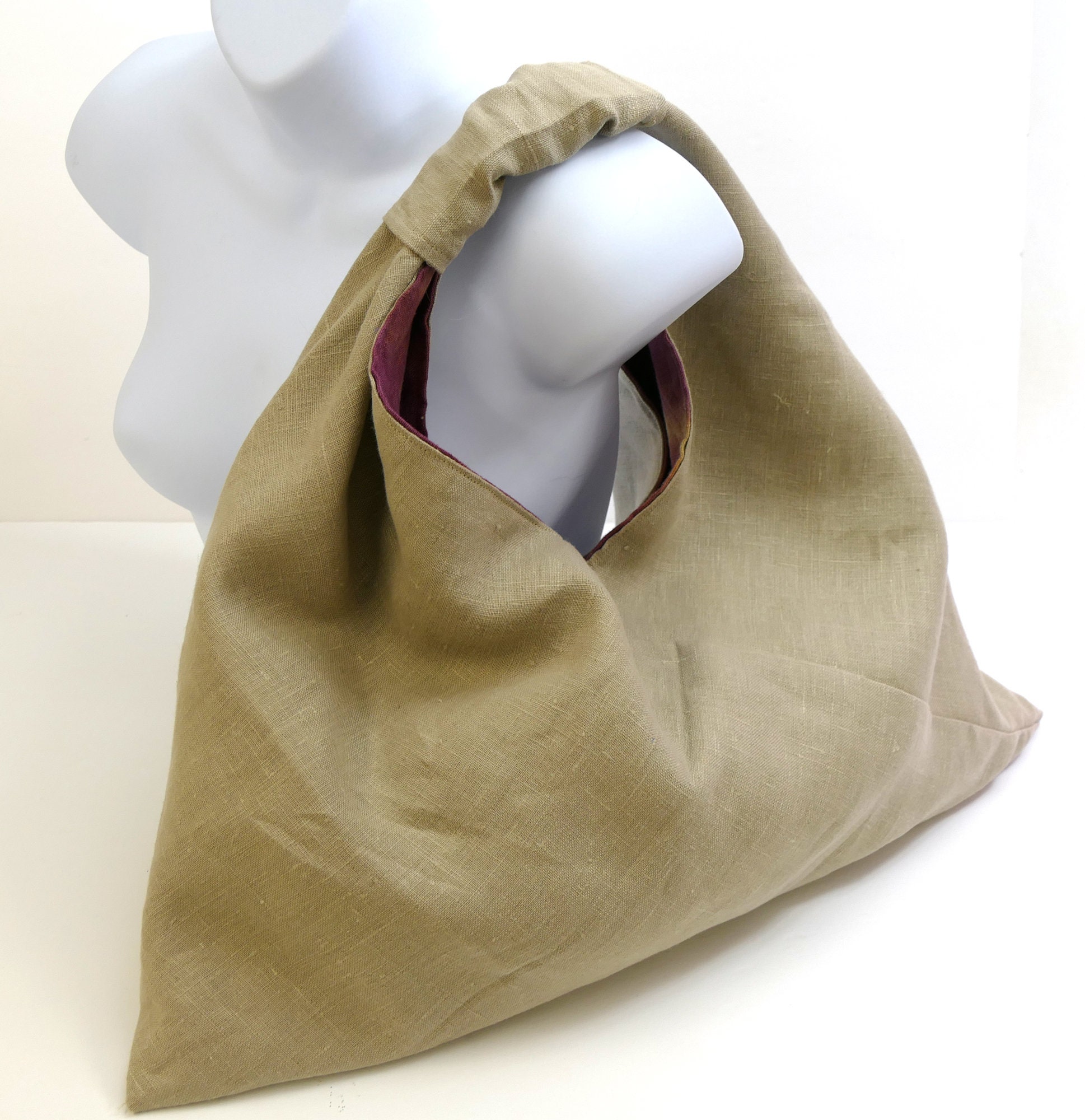 Hand-dyed Linen Reversible Japanese-style Market Bag, Oatmeal, Mauve ...