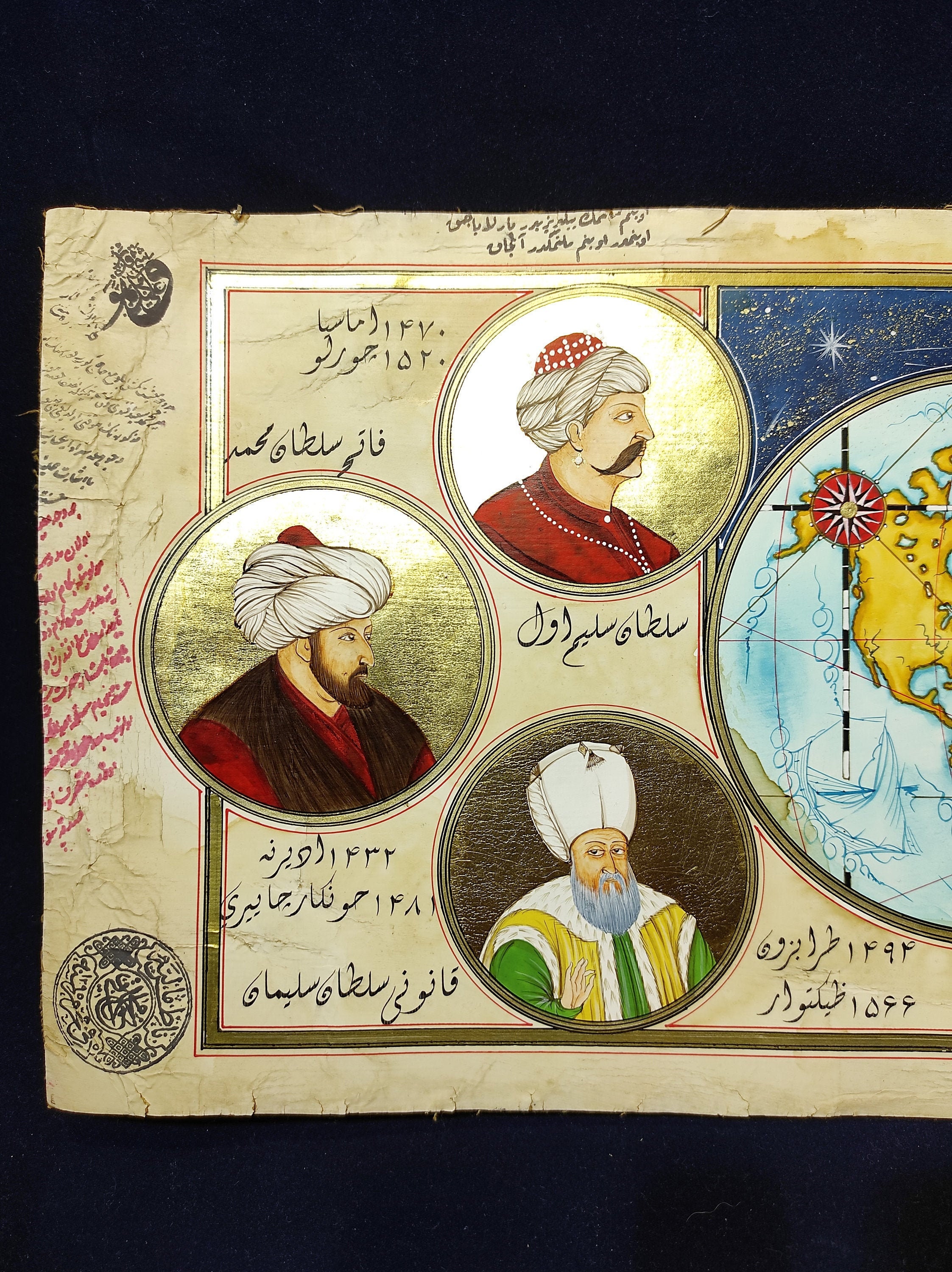 Ottoman Turkish Miniature Painting: 3 Sultans, Gold Leaf, Handmade Home ...