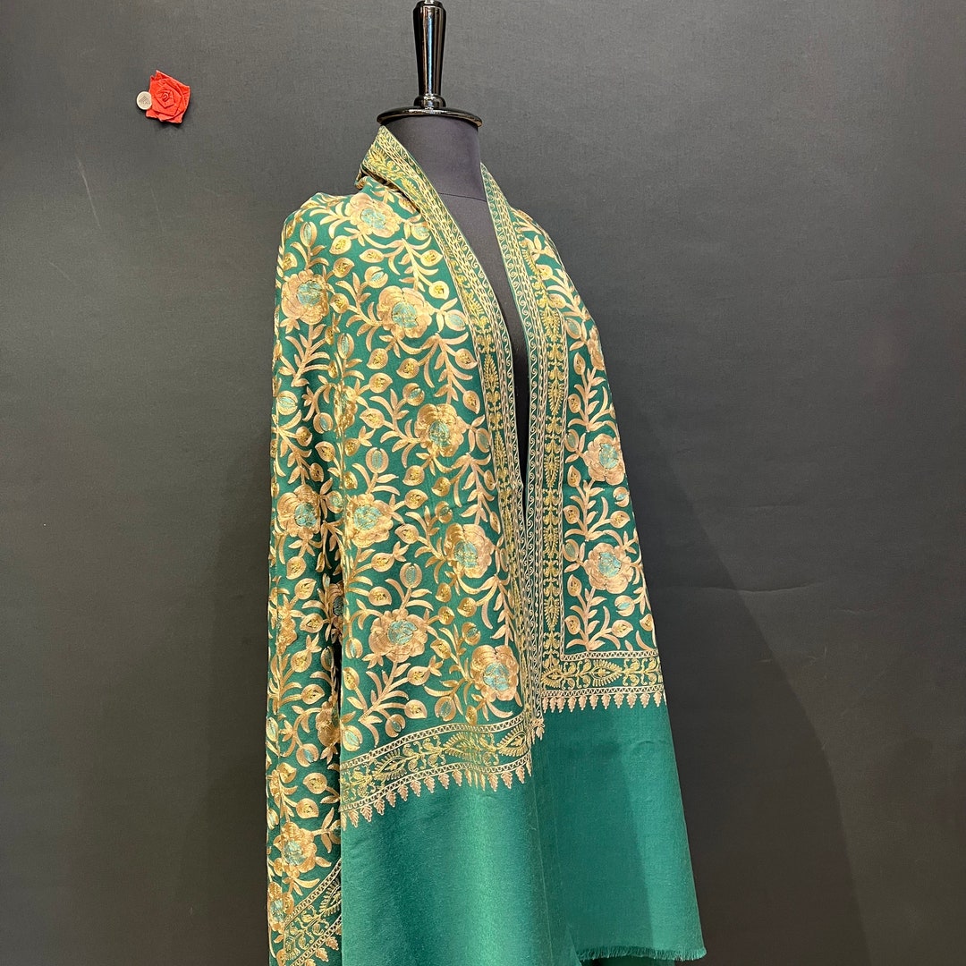 Oversized Shawl, Large Size Green Woolen Shawl With Gold and Brown ...