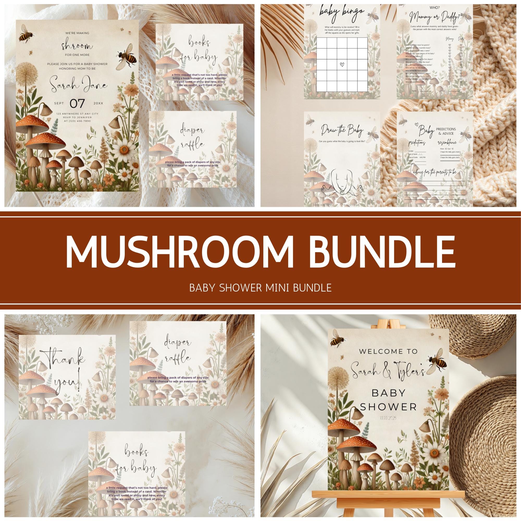Editable Mushroom Baby Shower Bundle, Baby Mushroom, Baby Invitation ...