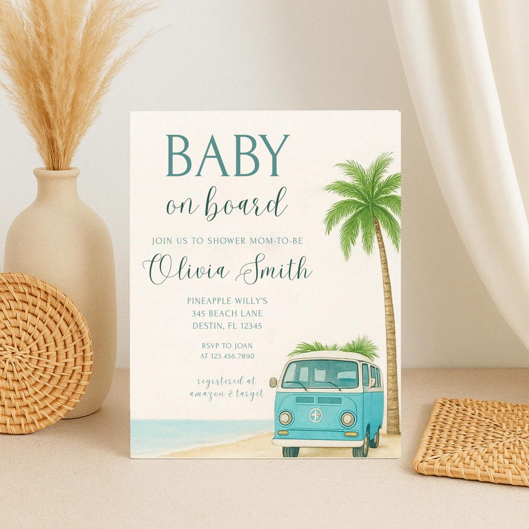 Tropical Baby Shower Invitation: VW Bus, Palm Trees (PDF) - Etsy