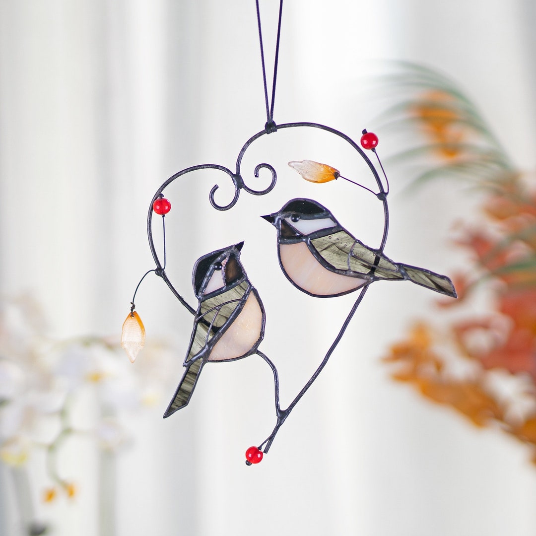 Chickadee Stained Glass Bird Sun Catcher Heart Stain Glass Bird Stained ...