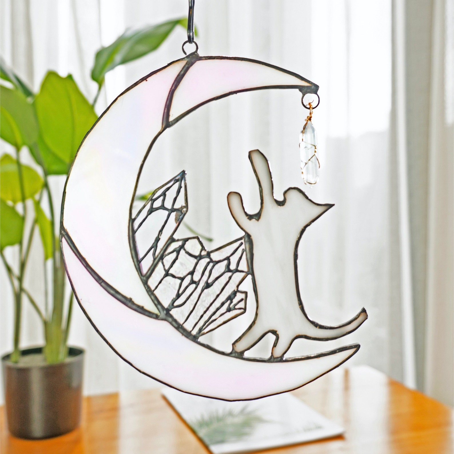 Cat on Moon Stained Glass Suncatcher Window Hanging Cat - Etsy