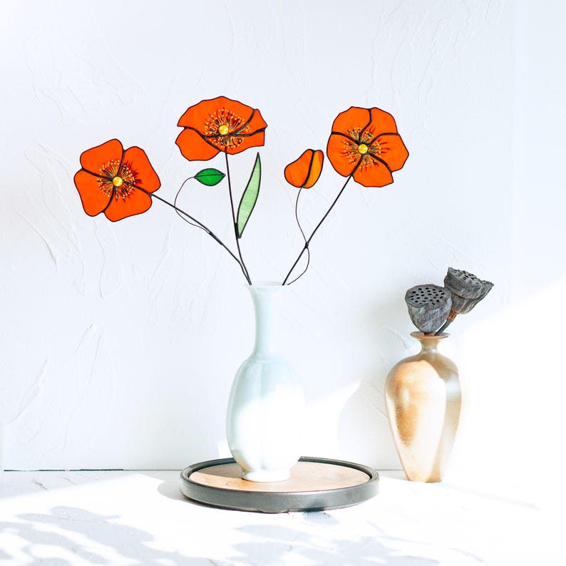 Poppy Stained Glass Flower Bouquet Stake Flower Sun Catcher Set Flowers ...