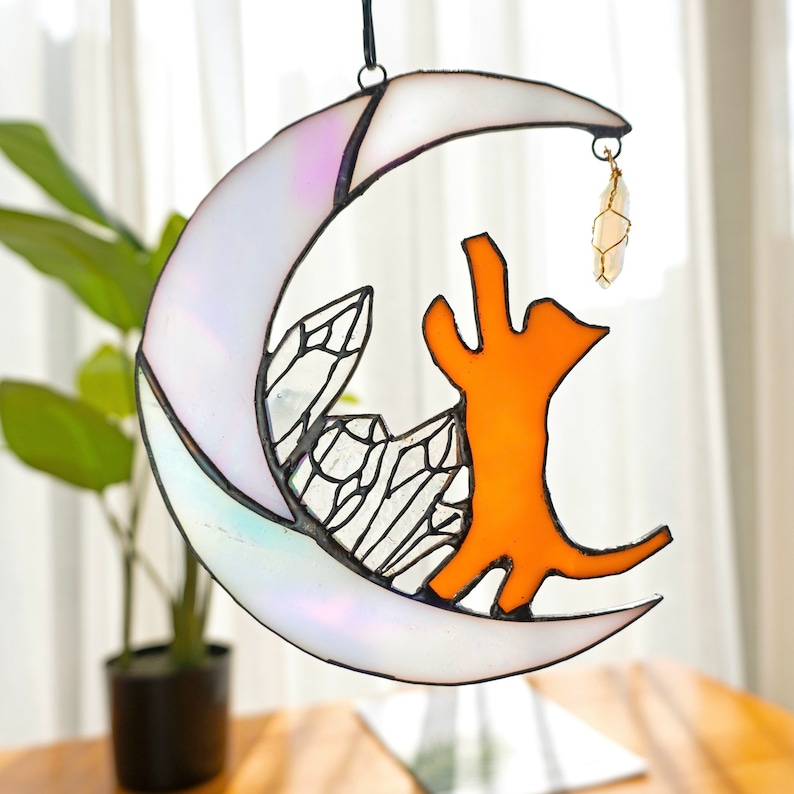 Cat on Moon Stained Glass Suncatcher Window Hanging Cat - Etsy