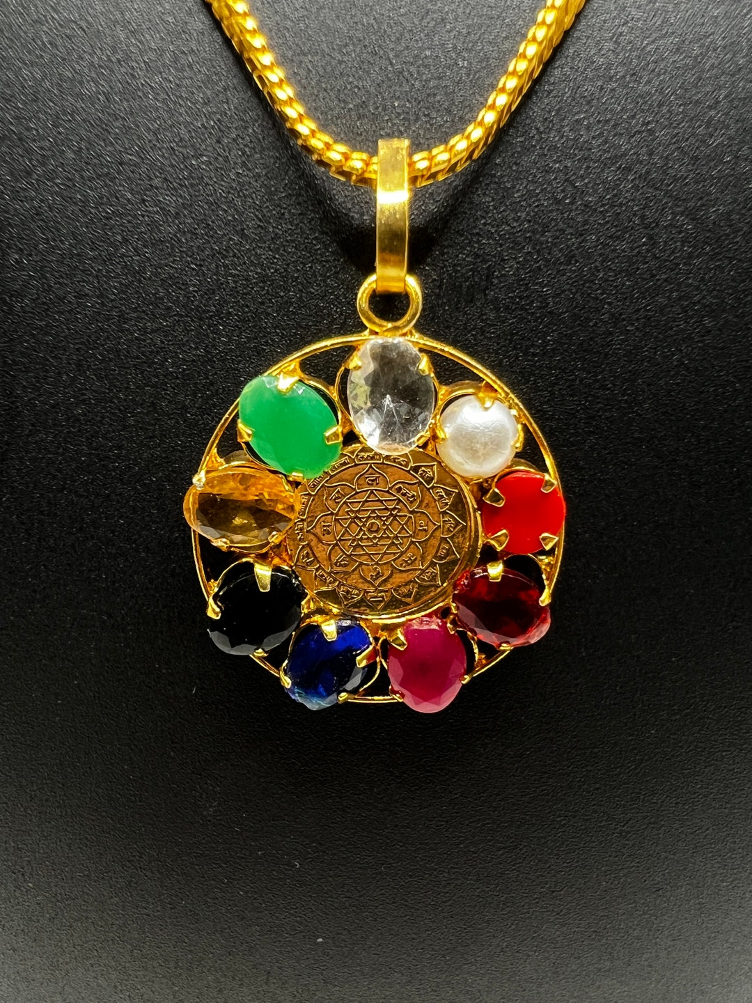 Navratan Sri Yantra Pendant Nine Gemstones Yantra Necklace for Positive ...
