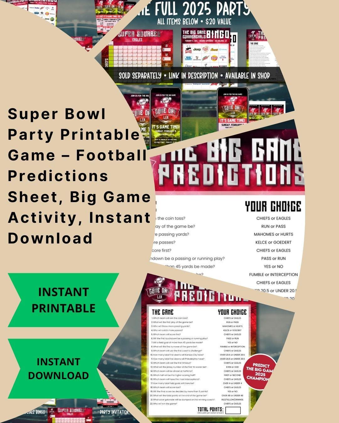 Super Bowl Party Printable Game – Football Predictions Sheet, Big Game ...