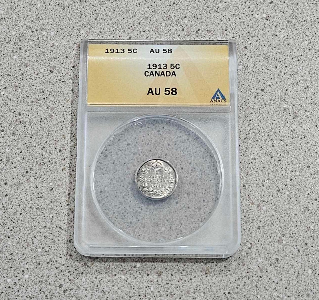 1913 Canada 5 Cents Coin Graded by ANACS AU 58- .925 Silver Coin- Canadian King George V Coin ...