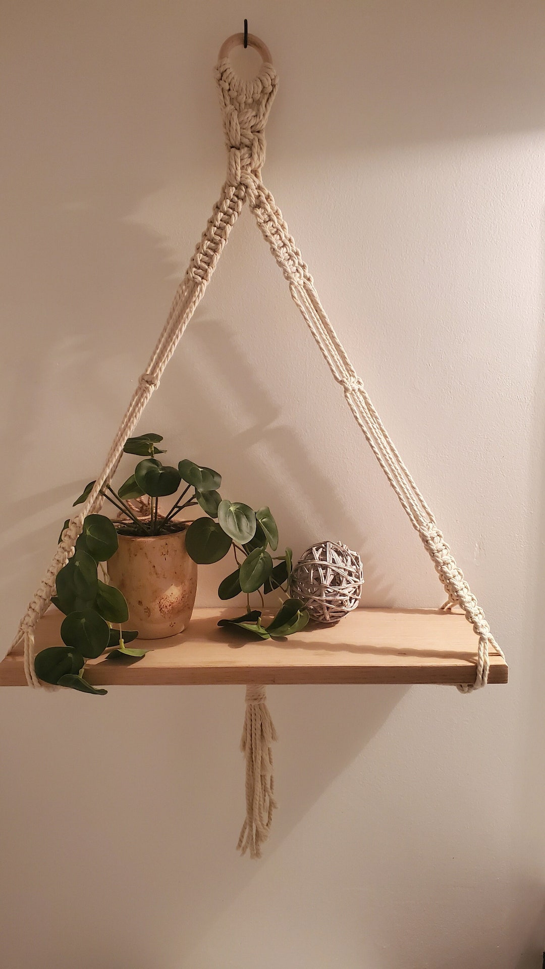 Natural Wood & Macrame Boho Organic Hanging Shelf - Etsy