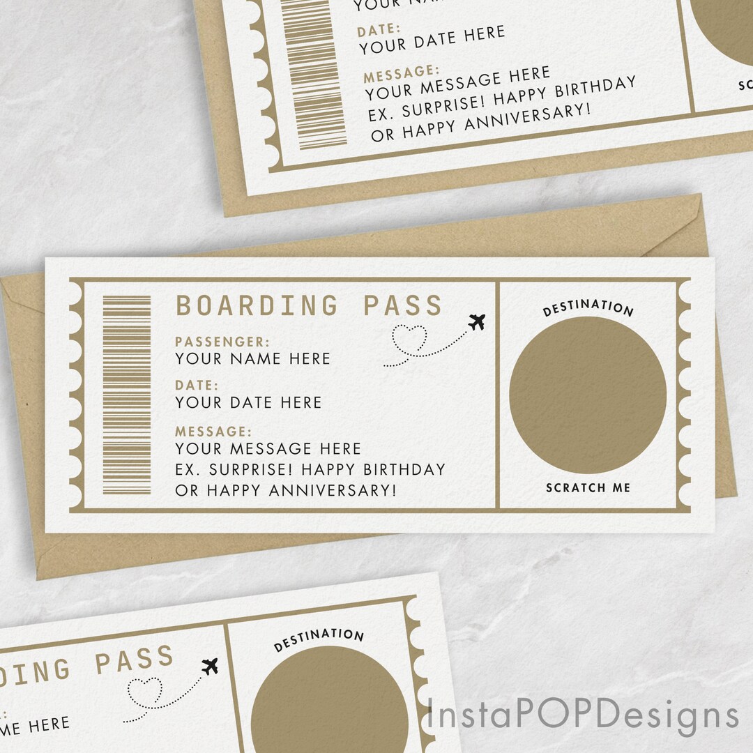Personalized Scratch Boarding Pass Ticket Voucher Gold, Scratch Reveal ...