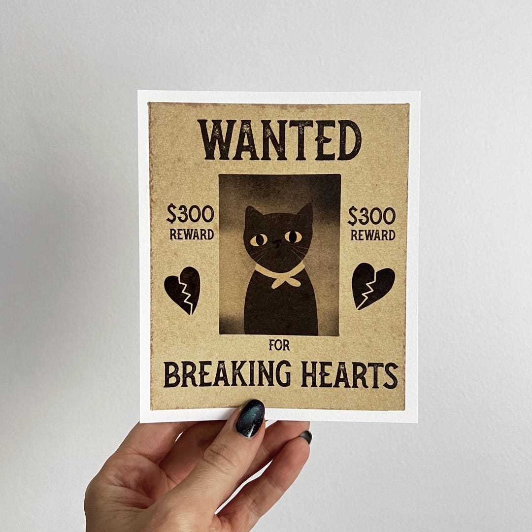 Heartbreaker Outlaw Print - Cat Wanted Poster Small Art Print - Cat Mom ...