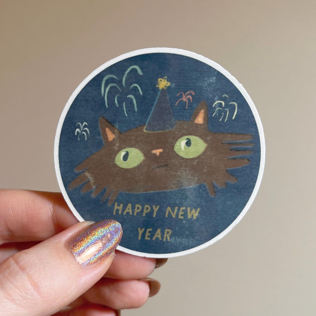 Happy New Year Sticker - New Year’s Cat and Fireworks - Cute Retro ...