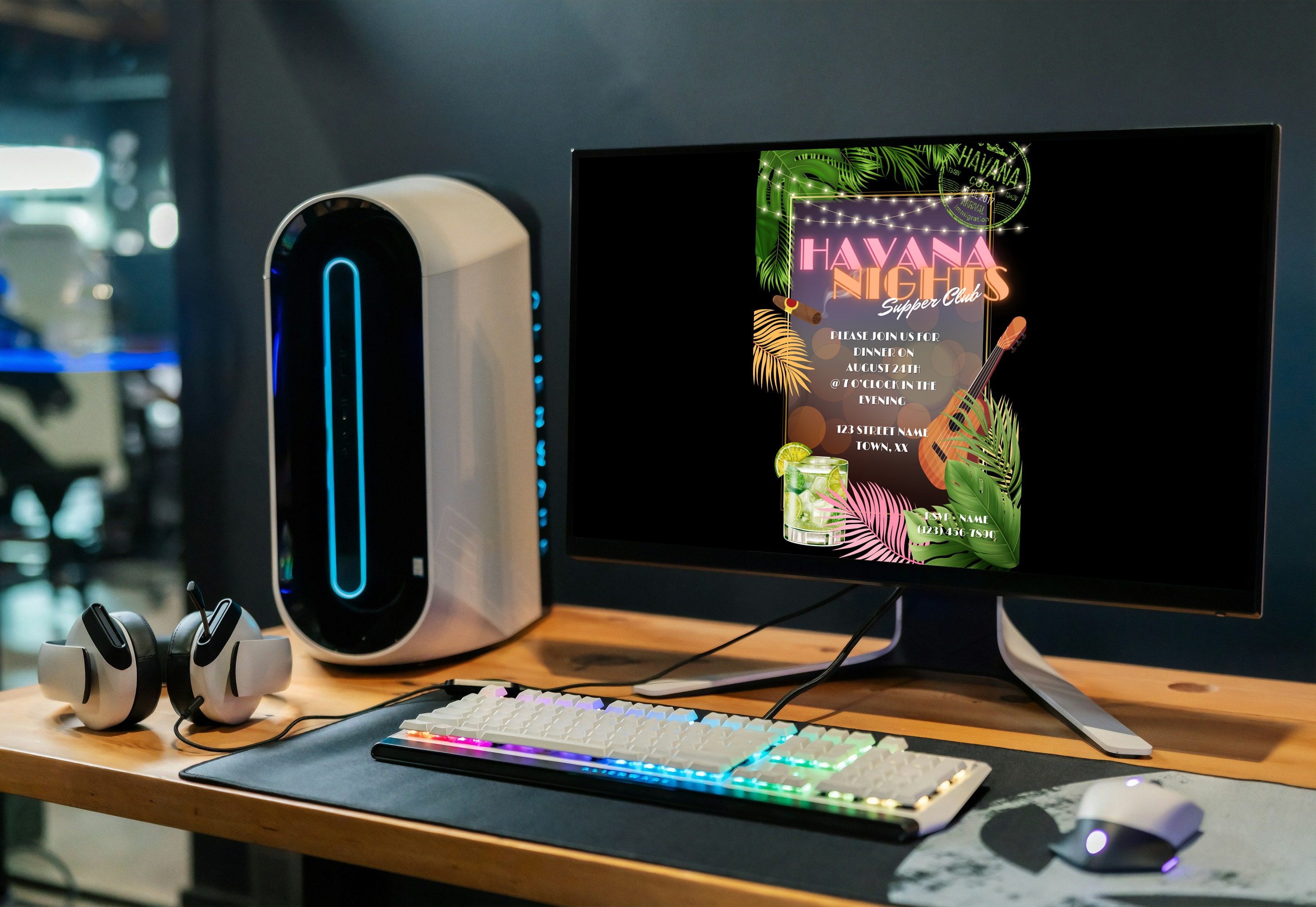 Havana Nights Dinner Party on Black Invitation Template, Red, Modern ...