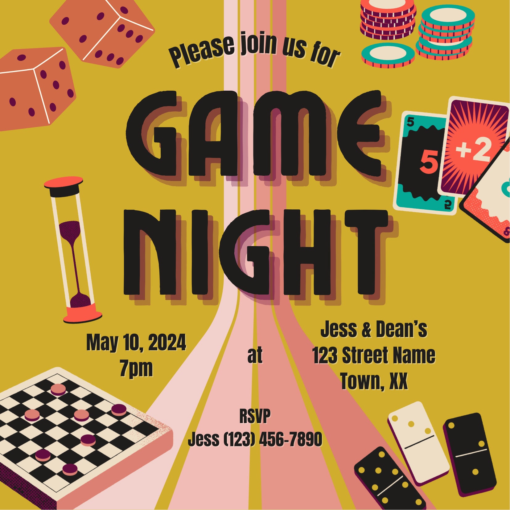 Game Night Party Invite, Square, Retro, Gold, Editable Template ...