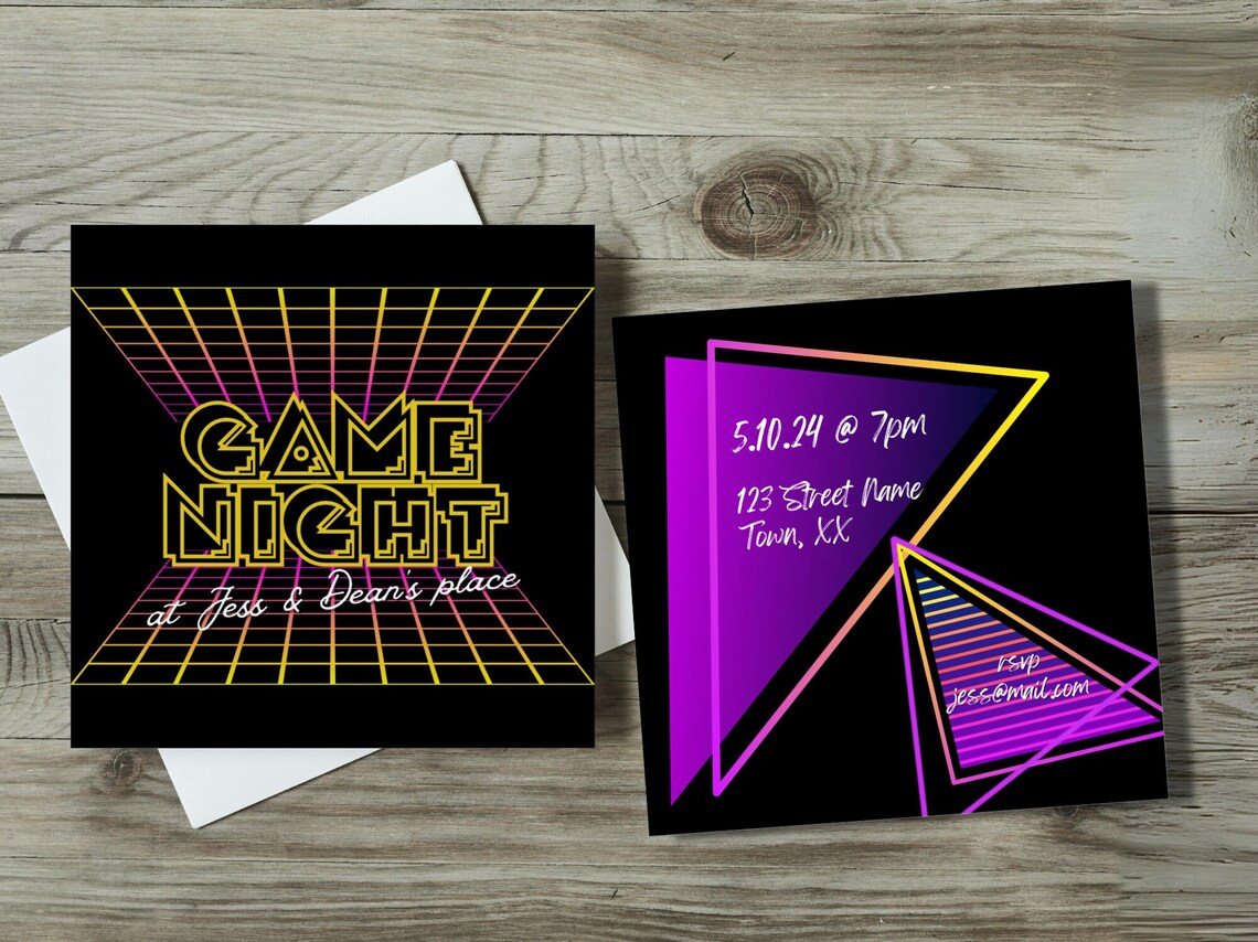 80's Game Night Invite Template, Square, Double Sided, Digital Download ...