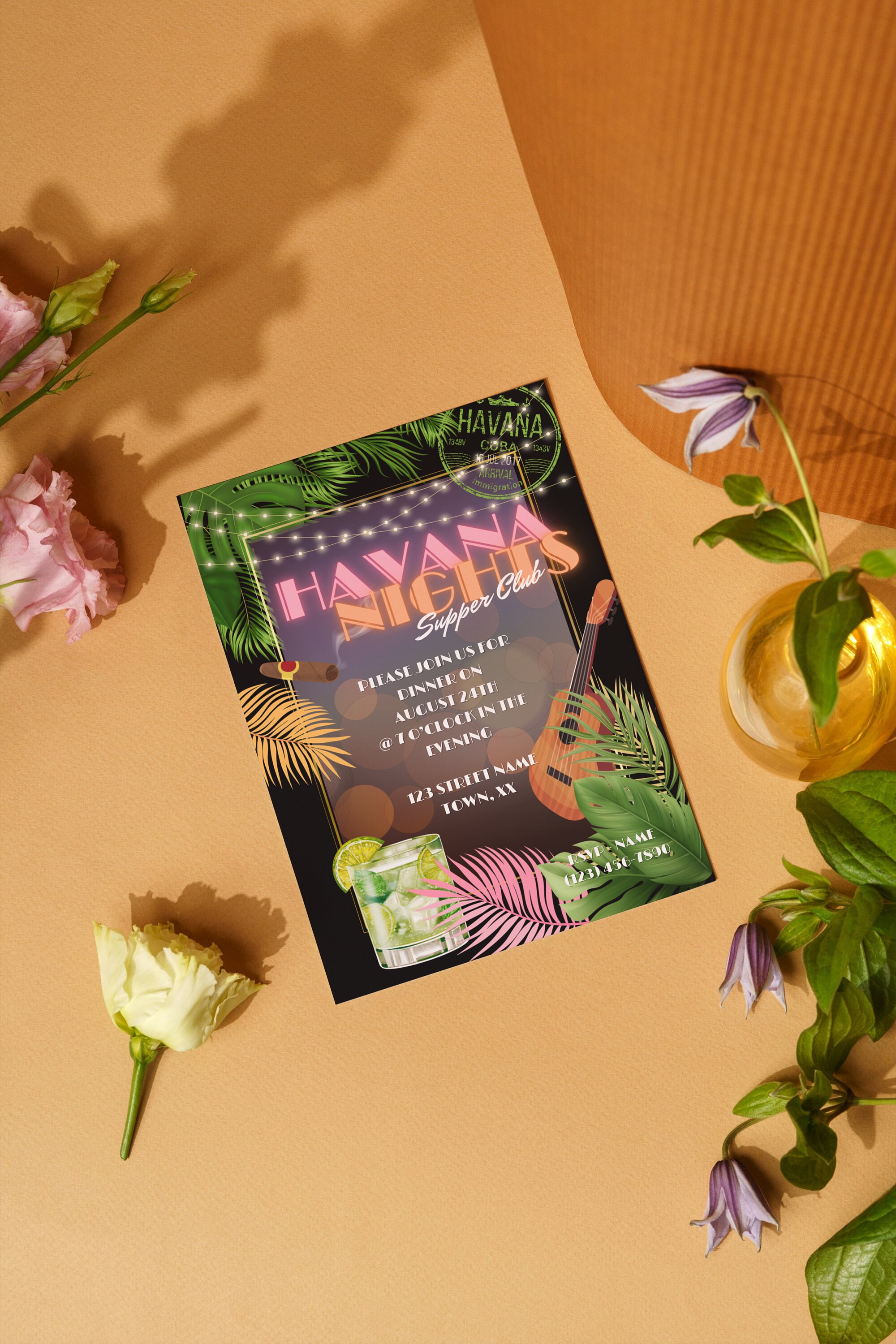 Havana Nights Dinner Party on Black Invitation Template, Red, Modern ...