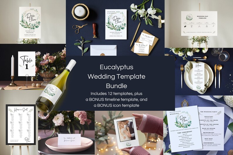 Eucalyptus Wedding Template Bundle, Invite, RSVP, Details Cards, Signage, Printable, Editable ...