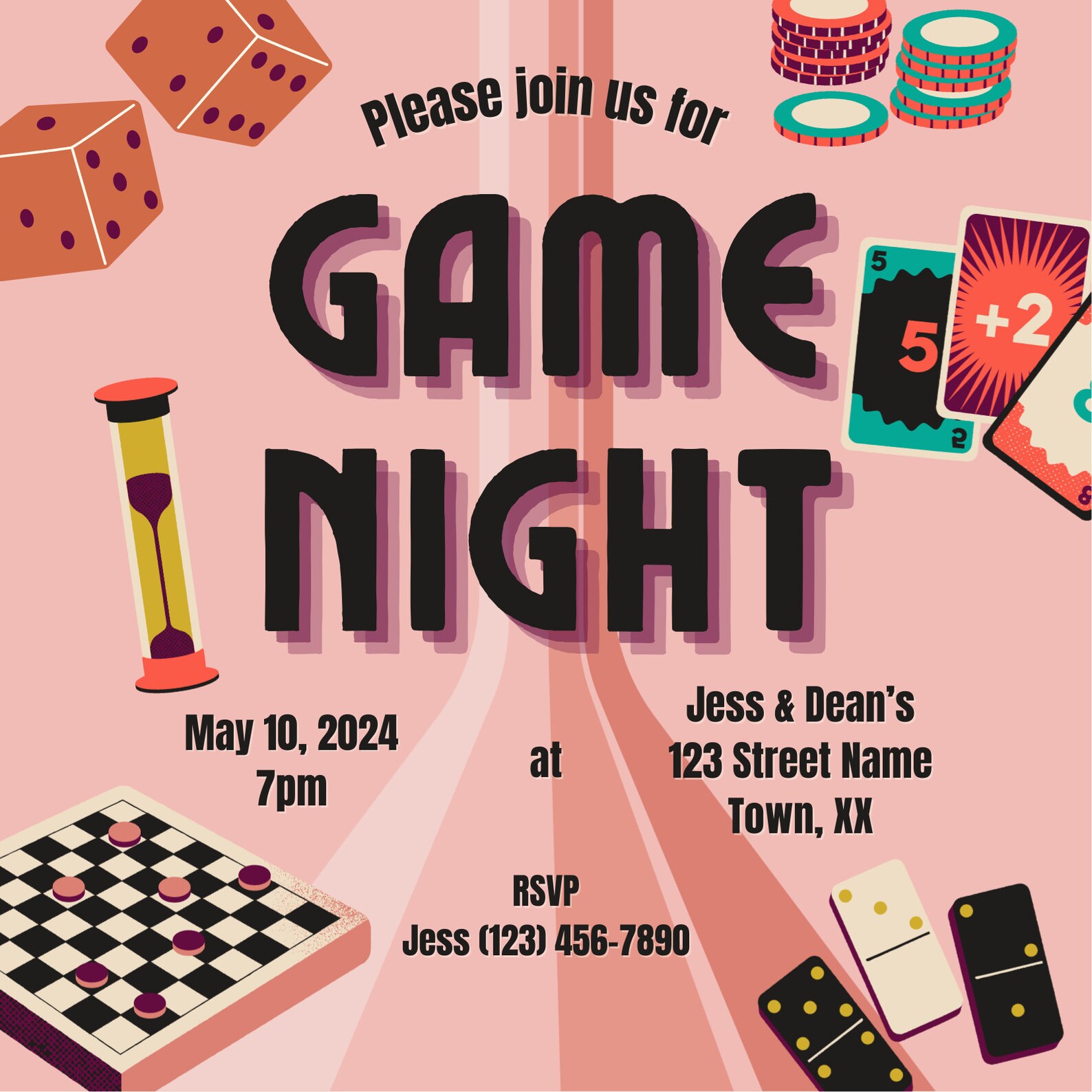 Game Night Party Invite, Square, Retro, Pink, Editable Template ...