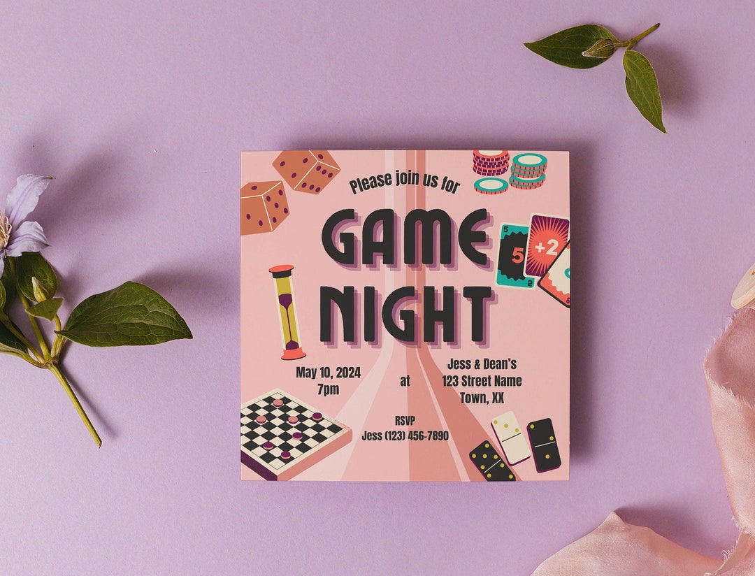Game Night Party Invite, Square, Retro, Pink, Editable Template ...