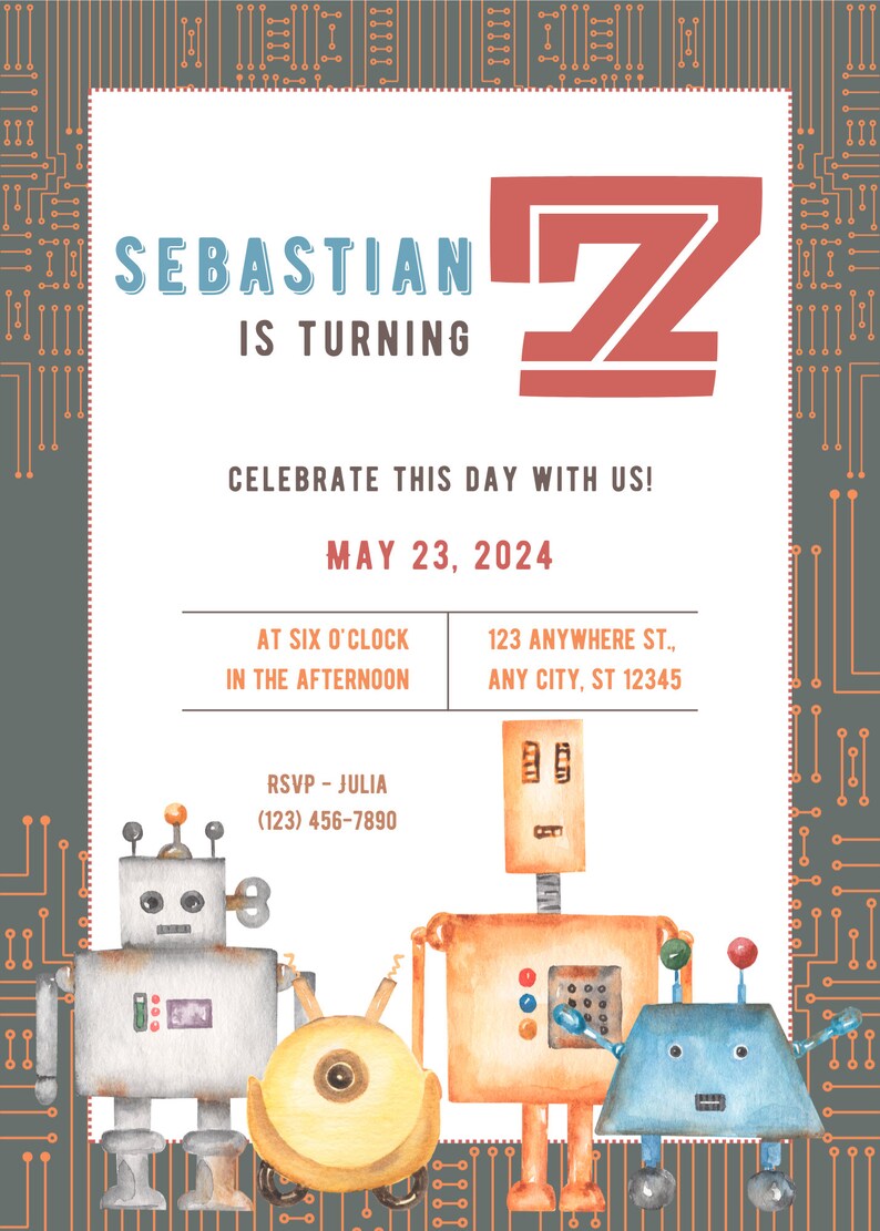 Birthday Party Invitation Template, Robot, Editable, Instant Download ...