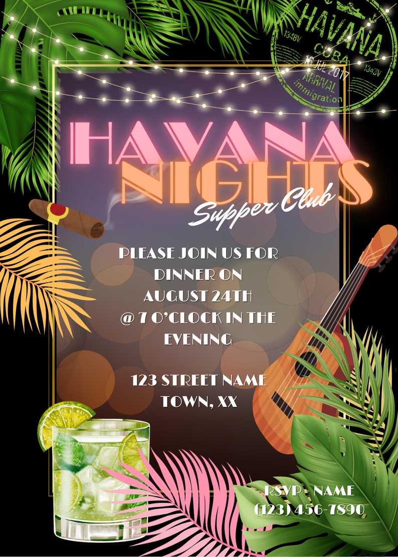 Havana Nights Dinner Party on Black Invitation Template, Red, Modern ...