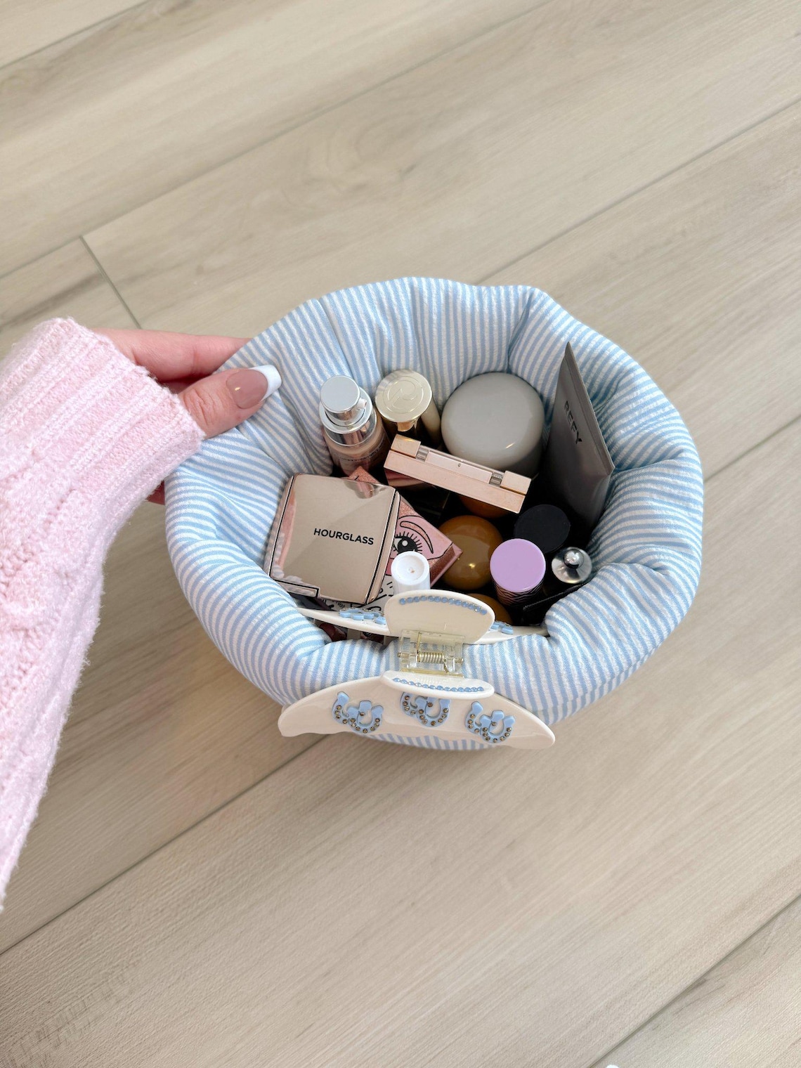Blue Striped Cotton Makeup Organizer – Handmade Vanity Storage - Etsy