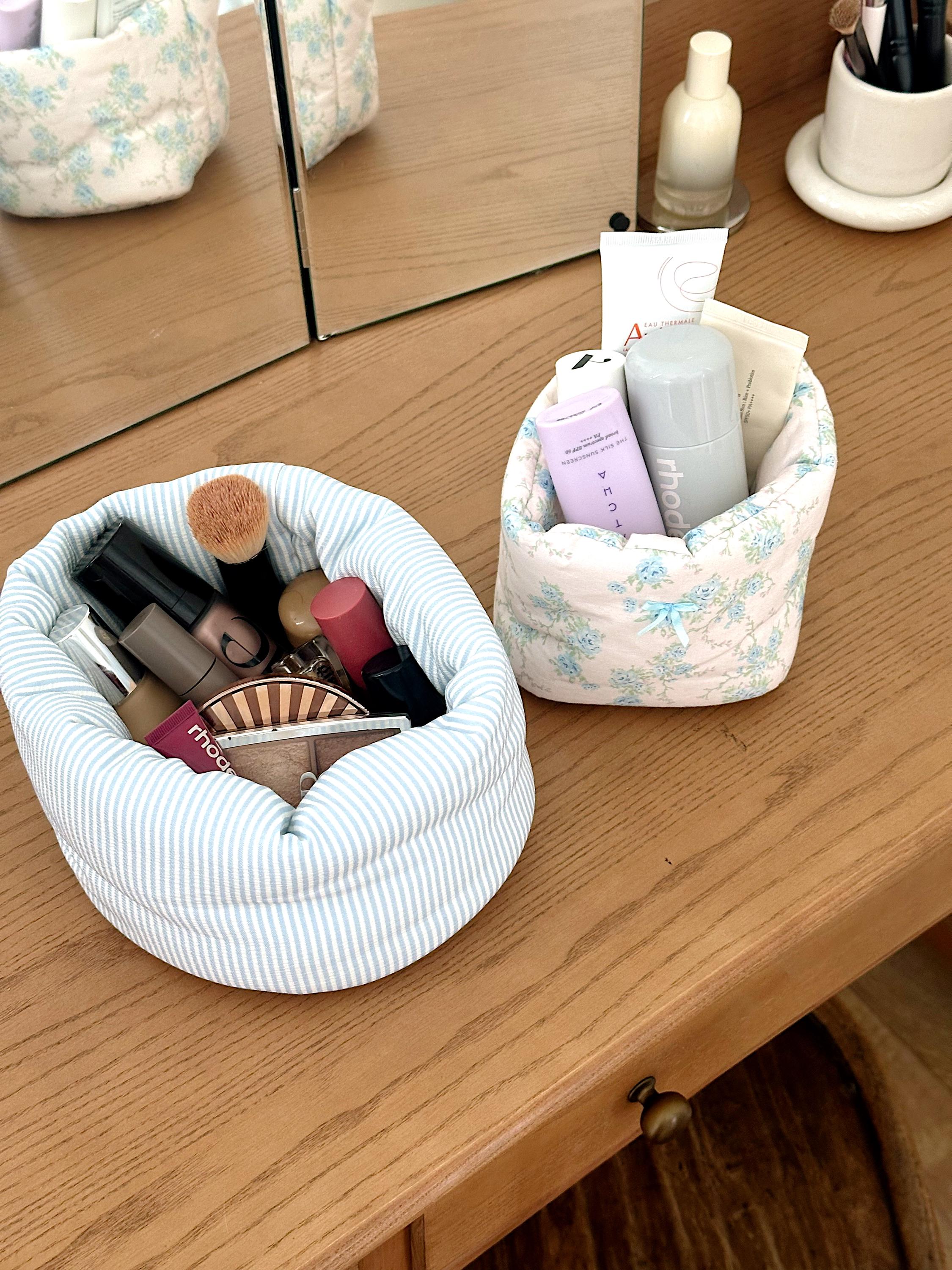 Blue Striped Cotton Makeup Organizer – Handmade Vanity Storage - Etsy