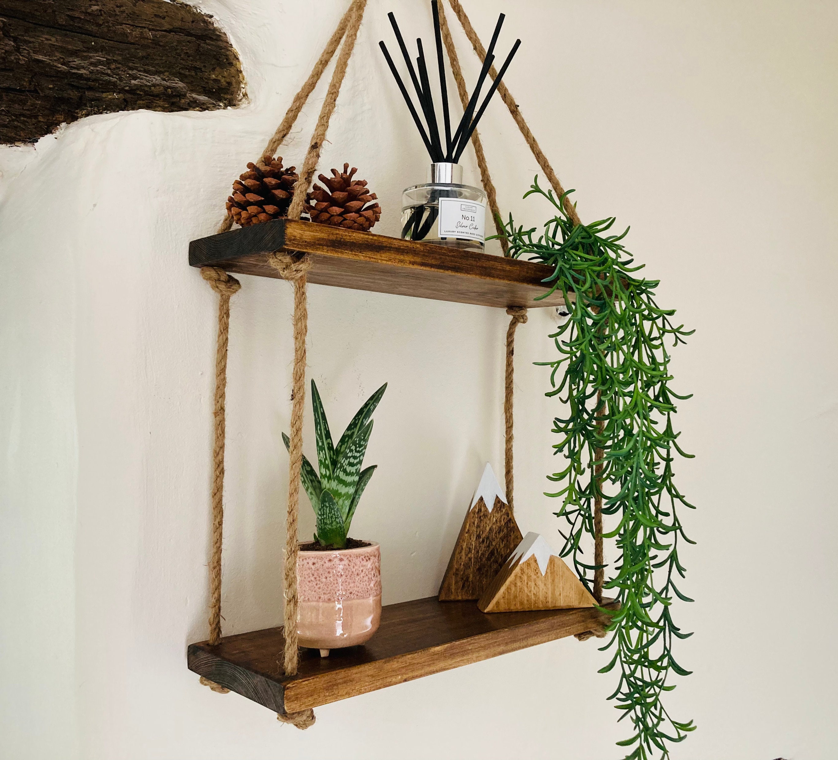 Rustic Wooden Hanging Rope Shelves Various Tiers 6 Briwax - Etsy UK