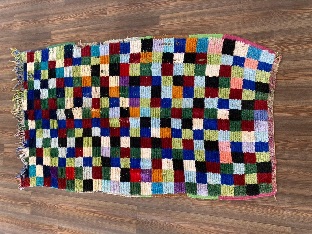 Vintage Moroccan Checkered Berber Rug 4x6 Ft Boujaad Style Colorful ...
