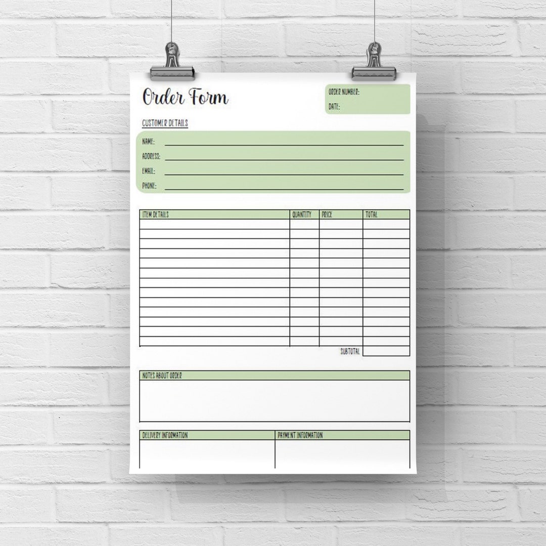 Green Order Form Template Editable, Printable Order Form, Purchase ...